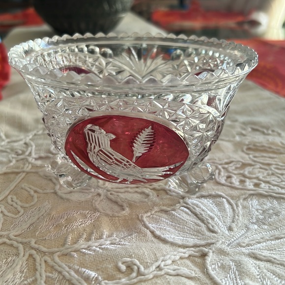 Art | Vintage Crystal Bowl With Ruby Birds Accent | Poshmark